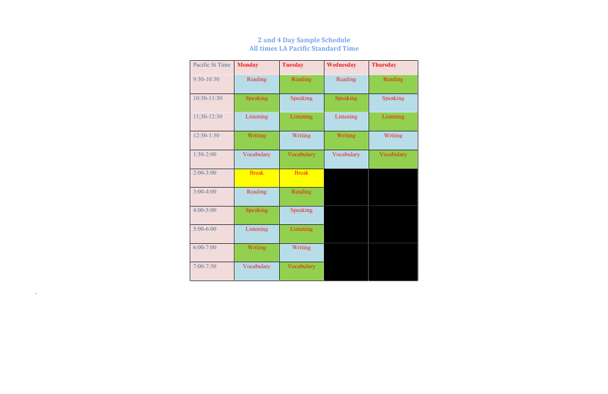 Calendar and Schedule | English Language Classes Los Angeles | Best ...